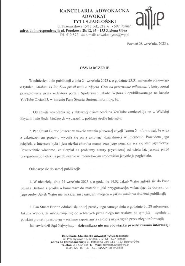 Stuu Burton komentuje aferę ze swoim udziałem. Zapowiada kroki prawne ...