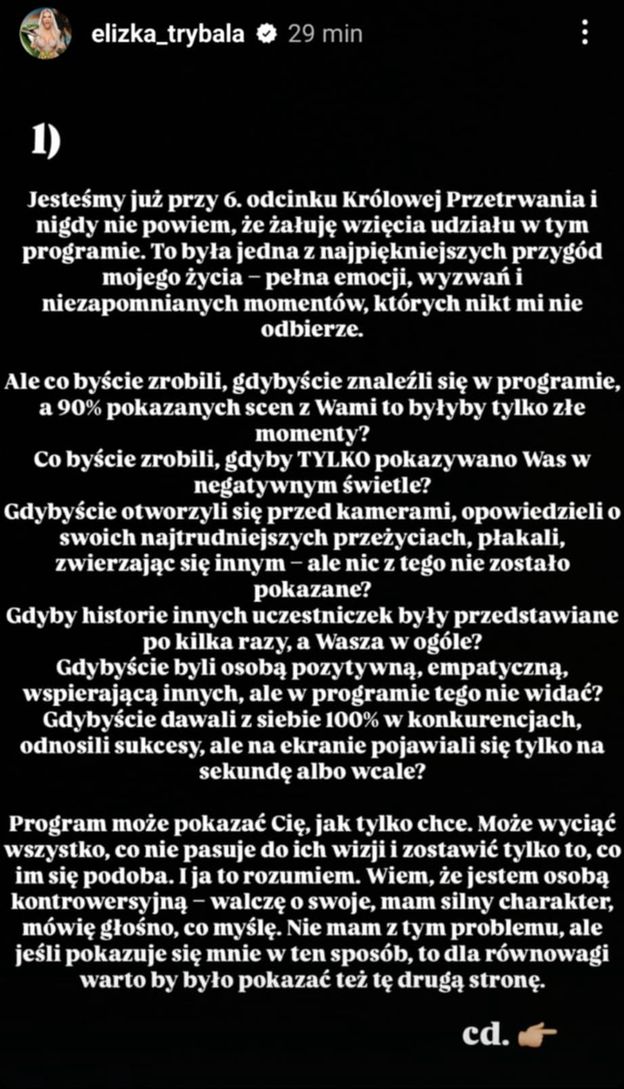 Eliza Trybała jest sfrustrowana sposobem, w jaki ukazano ją w "Królowej przetrwania": "90% scen ...