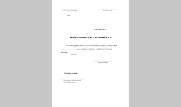 Wzór rozwiązania umowy o pracę za porozumieniem stron. Co powinien zawierać dokument. Wzór do ...