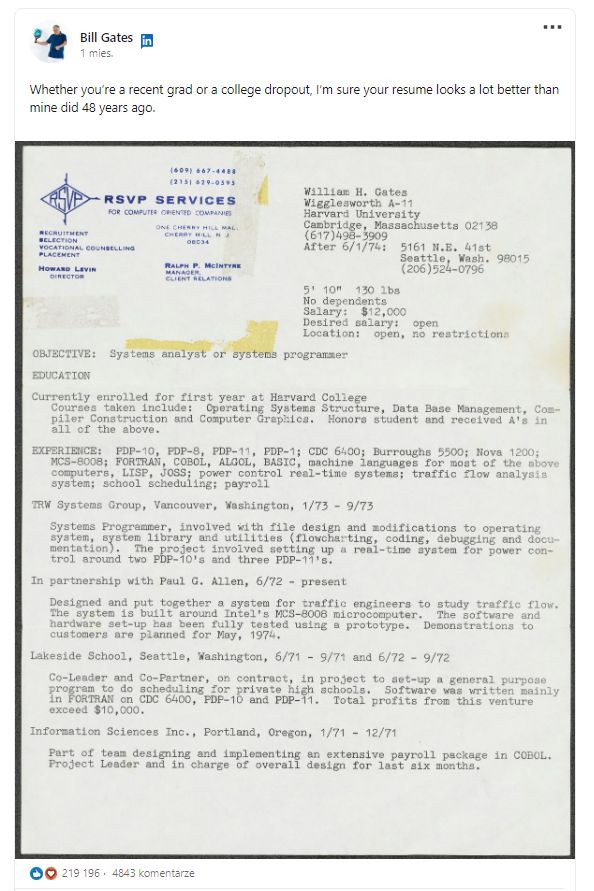 Jak napisać CV? Bill Gates pokazał swoje sprzed lat - Money.pl