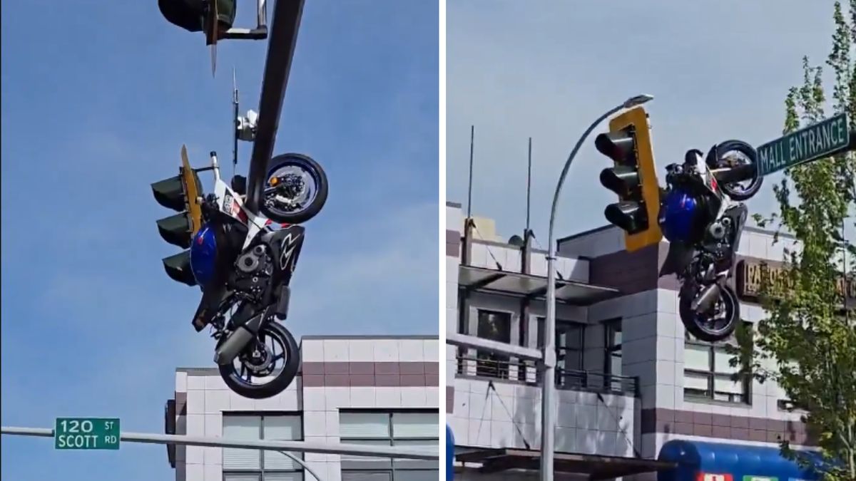 Kuriozalny wypadek w Kanadzie. Motocykl zawisł na sygnalizacji