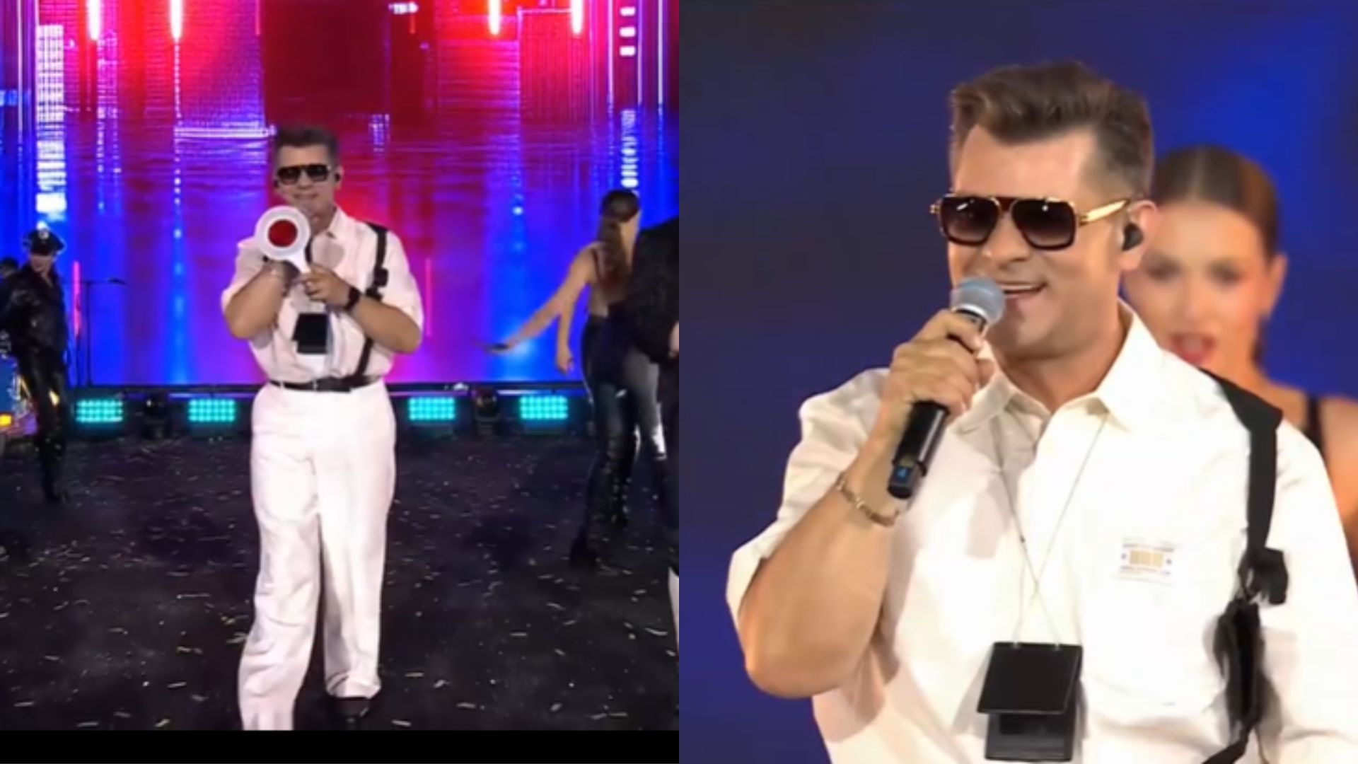 Zenek Martyniuk w radiowozie na stadionie. Śpiewał "Mandacik"